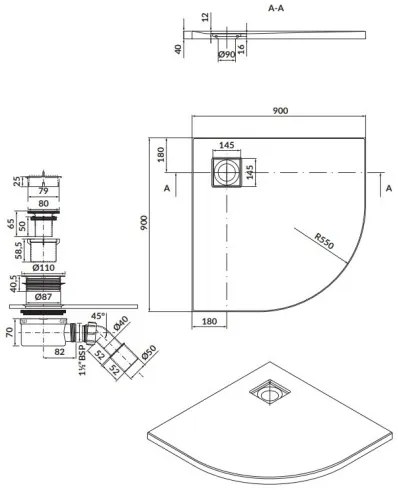Cersanit Tako Slim, čtvrtkruhová akrylátová sprchová vanička 90x90x4 cm + černý sifon, černá, S932-164