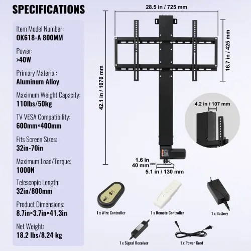 Motorový TV zvedák pro obrazovky 66–152,4 cm, zdvih 800 mm, nosnost 59,9 kg