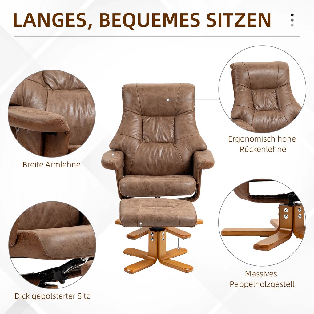 HOMCOM Relaxační Křeslo s Ottomans, Otočné Křeslo k Televizi s Funkcí Polohování, Potahované Křeslo do Obývacího Pokoje, Ložnice, Hnědá Microfiber, 7…