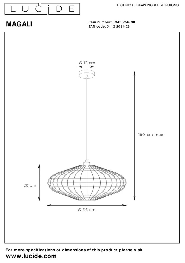 Lucide 03435/56/30 závěsné svítidlo Magali, černé, E27, ø56cm