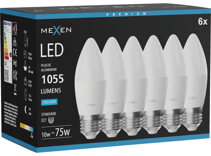 Mexen Nova 6x LED žárovka E27, C37, 10W, Studená - 6500K, 1055 lm - L102-E27-1065-01x06