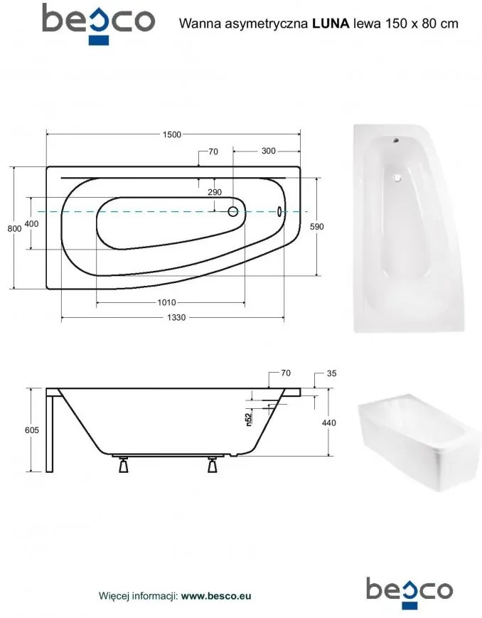 BESCO Asymetrická vana LUNA Nožičky k vaně - Bez nožiček, Rozměr vany - 150 × 80 cm, Způsob provedení - Levé VANLUN150L