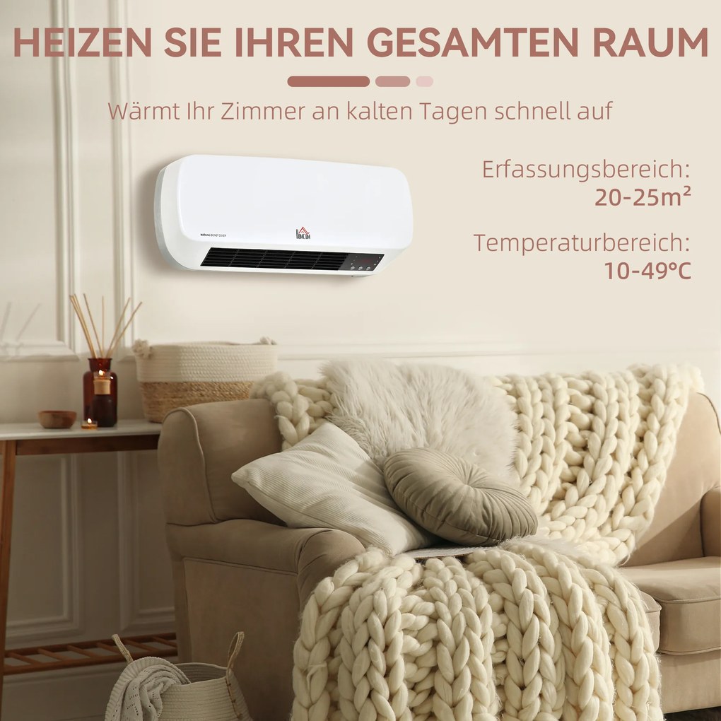 HOMCOM Topný ventilátor na stěnu 2000W s dálkovým ovládáním, 2 topné režimy, LED displej, 12hodinový časovač pro koupelnu 820-254