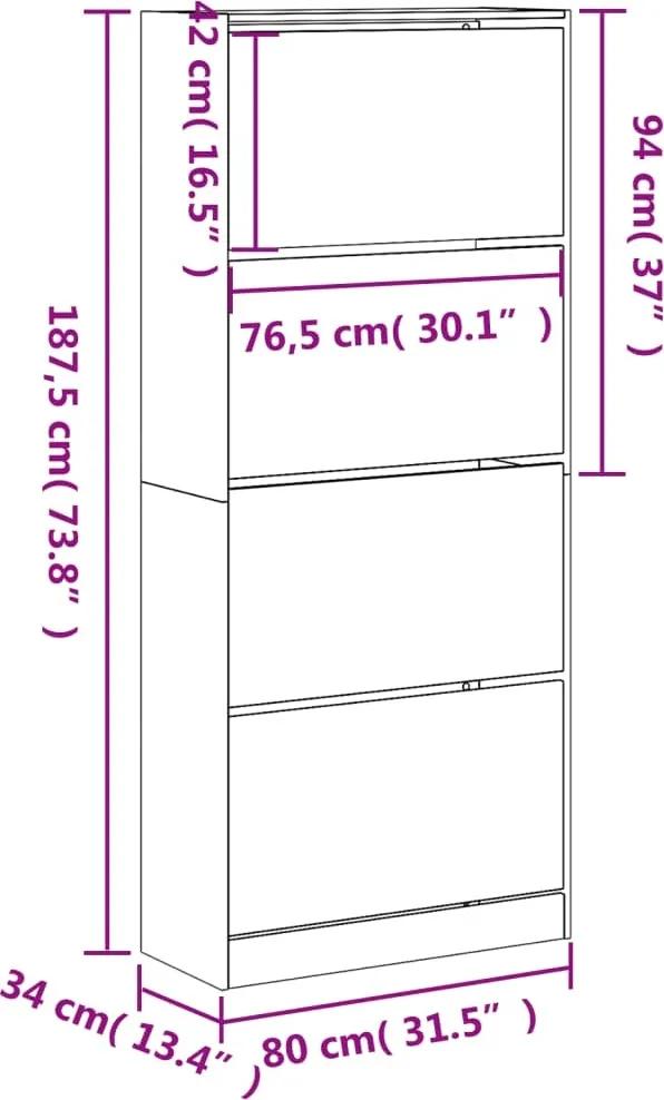 vidaXL Botník se 4 výklopnými zásuvkami 80 x 34 x 187,5 cm [3214380] Barva: Betonová šedá