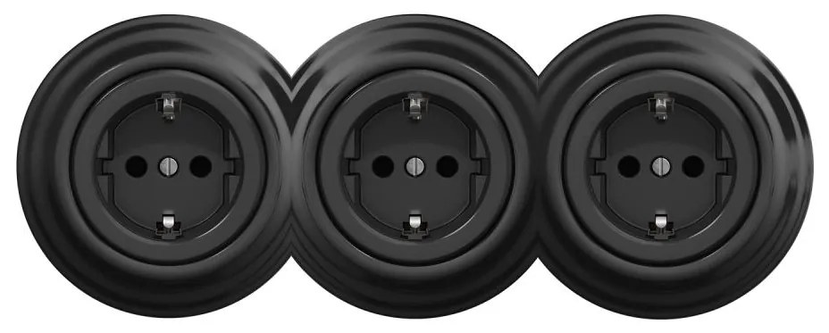 Kliklap - Trojitá retro zásuvka domovní s rámečkem SCHUKO 230V černá KA0018+2xKA0017+3xKA0107
