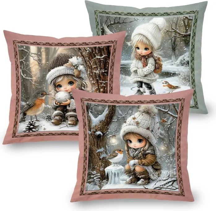 Sada 3 ks povlaků na polštářky WINTER GIRLS 45 x 45 cm