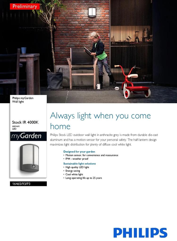 LED Venkovní nástěnné svítidlo Philips Stock s pohybovým čidlem 16465/93/P3 antracitové 4000K