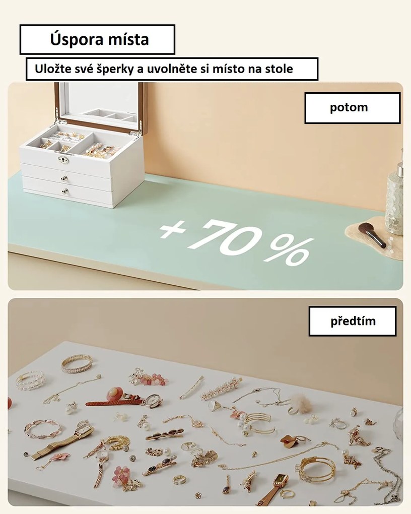 Songmics Organizér na šperky se dvěma přihrádkami a zrcadlem, bílý JOW15WNV1