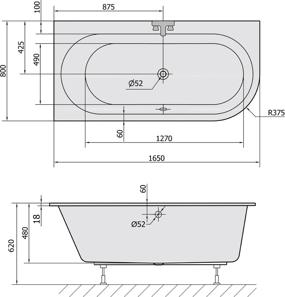Polysan ASTRA L SLIM 165 x 80 x 48 cm 33611S asymetrická vana levá bílá