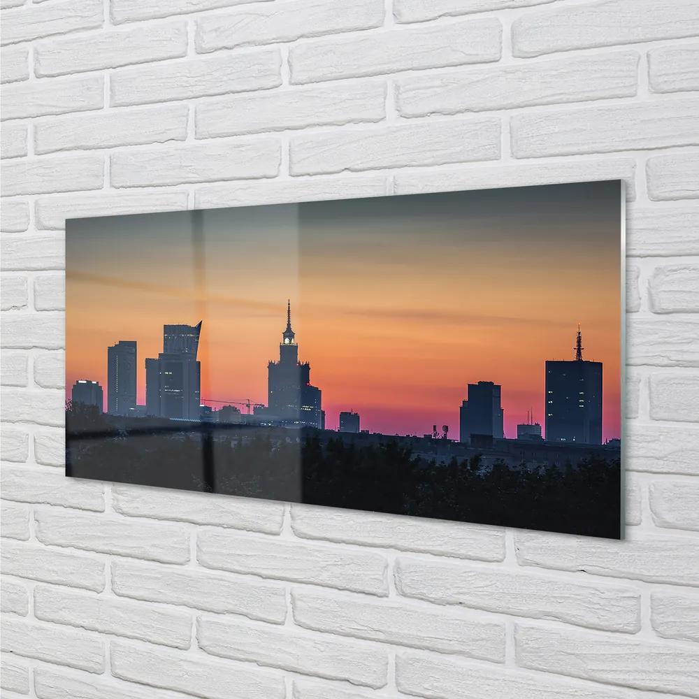 akrylový obraz Sunset panorama Varšavy 125x50 cm