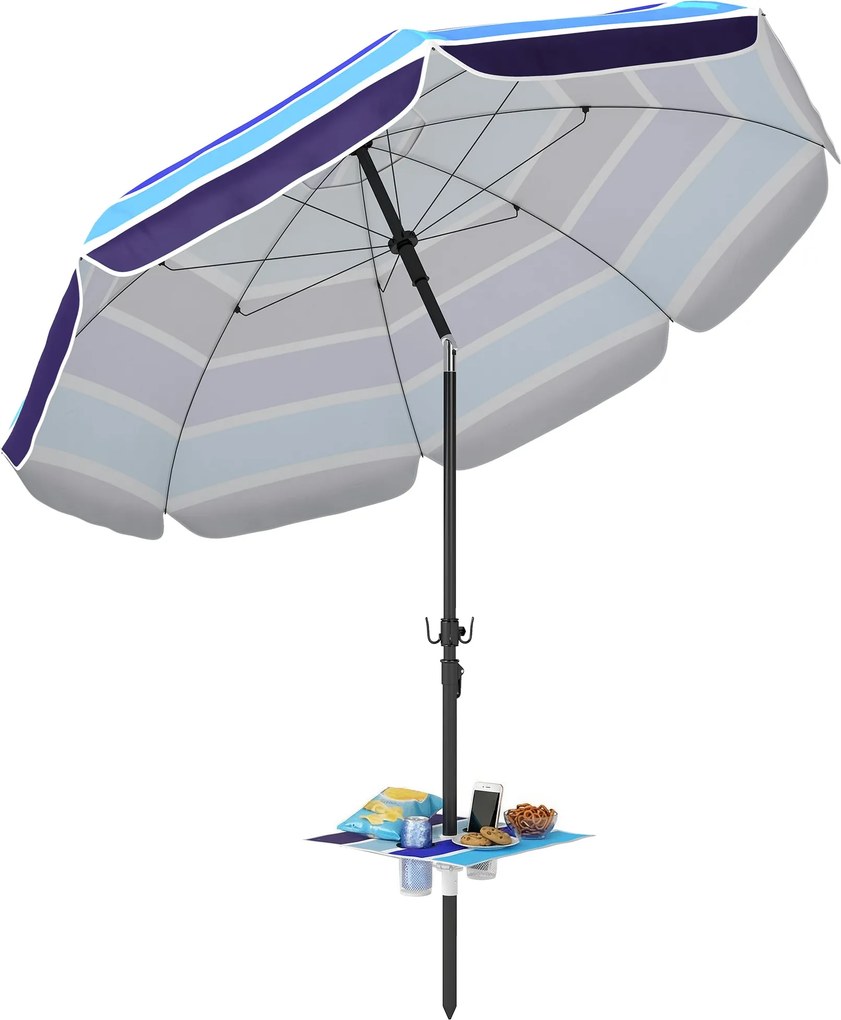 Plážový slunečník Outsunny Ø198 cm s ochranou UV30+, se skládacím stolkem a držáky na nápoje, nastavitelný náklon, balkonní/cestovní slunečník s přepr