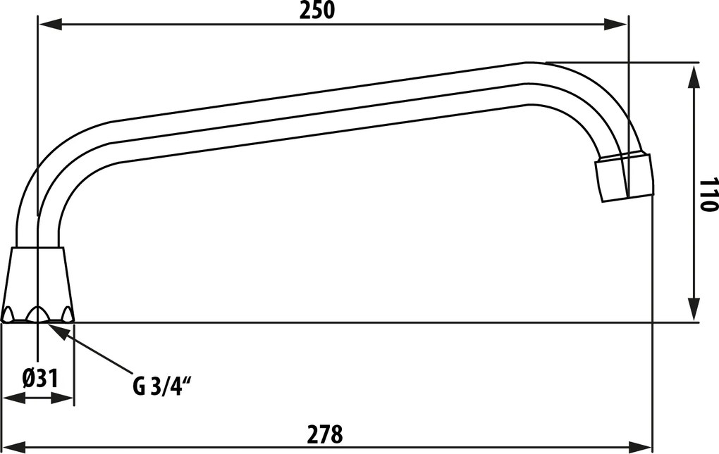 Aqualine, Univerzální výtokové ramínko k baterii, 25cm, typ-U, chrom, 15U250