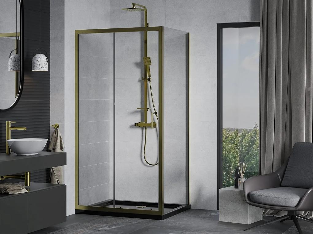 Mexen Apia sprchový kout s posuvnými dveřmi 140 (dveře) x 100 (stěna) cm, 5mm čiré sklo, zlatý profil + černá sprchová vanička SLIM, 840-140-100-50-00-4070G