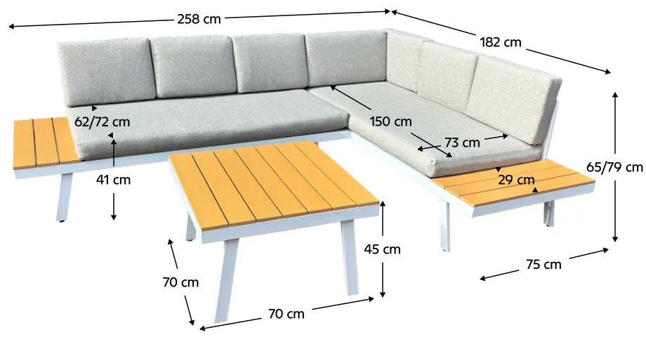 Kondela Zahradní set, bílá ocel/dub/světle šedá, PELOR