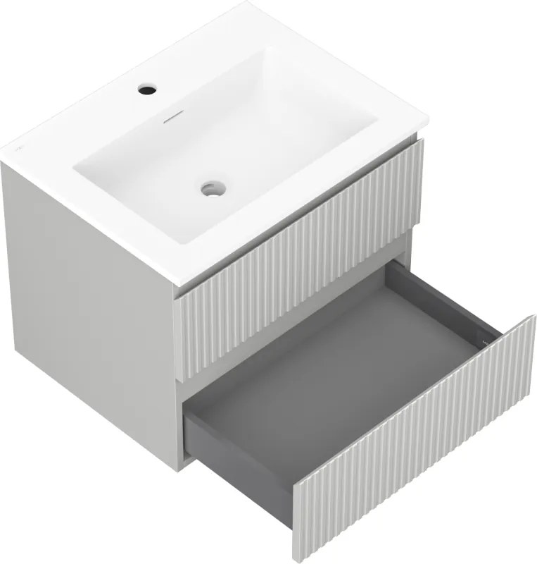 Mexen Rivel, koupelnová skříňka 60 cm s umyvadlem Otis, 2 zásuvky, drážkovaná, šedá matná/bílá, 91A20-06047-2-BFF62-W18M01