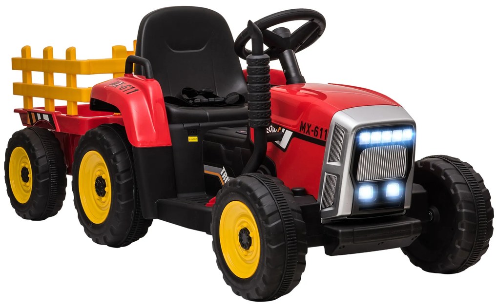 HOMCOM Elektrický tahač Dětské elektrické auto s přívěsem, dálkové ovládání, MP3, světlomety, 3-6KM/H, červené| Aosom