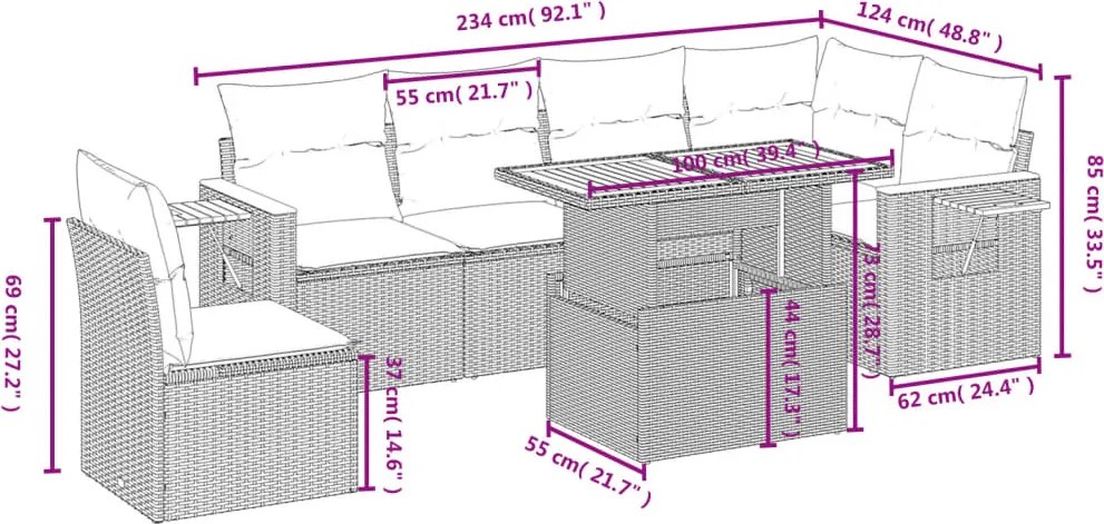 7dílná zahradní sedací souprava s poduškami šedá polyratan 3273545