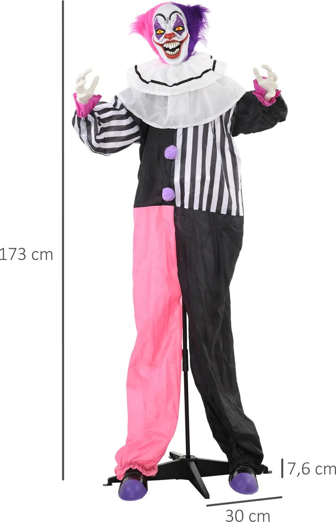 HOMCOM Strašidelný klaun Halloween dekorace, pohyblivý, funkce smíchu, růžová + fialová