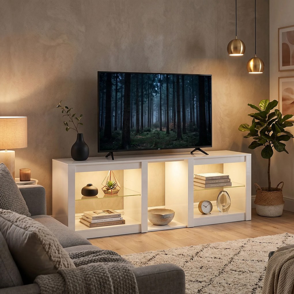 HOMCOM TV komoda s RGB LED osvětlením, moderní TV nábytek s nastavitelnými skleněnými policemi, pro televize až do 75 palců, bílá