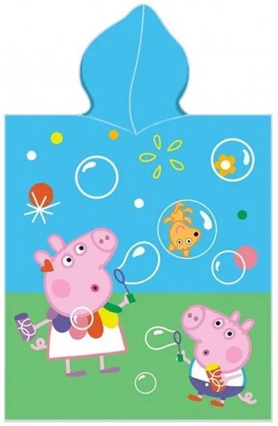 CARBOTEX - Dětské bavlněné pončo osuška s kapucí Prasátko Peppa - bublinková párty / 55 x 110 cm