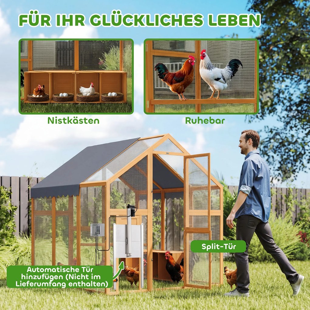 PawHut Kurník 3.07㎡ Volný výběh dřevo s nepromokavou tkaninou, bezpečnostní zámek, pro 6-8 kuřat 1,7 x 1,8 x 1,8 m