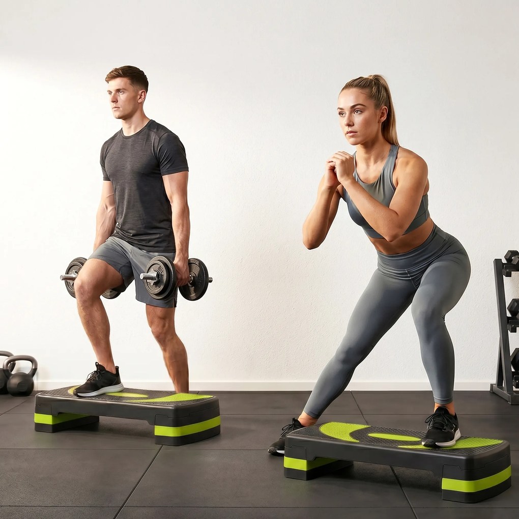 HOMCOM Aerobní stepper, výškově nastavitelné, pro vnitřní i venkovní použití, nosnost až 150 kg, 80 x 31 x 10-20 cm, Zelený