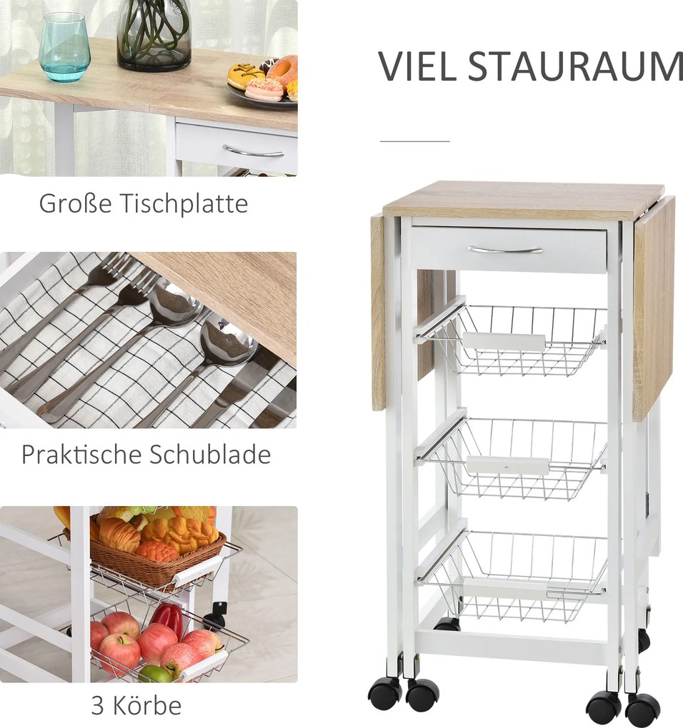 HOMCOM Skládací kuchyňský vozík s 6 koly, 1 zásuvkou a 3 kovovými koši - Multifunkční servisní vozík pro úložný prostor s nosností 50 kg, 97,2x37x77,…
