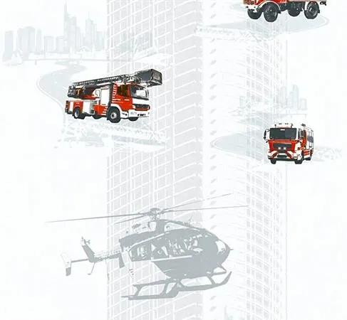 Dětské vliesové tapety na zeď Little Stars hasiči a vrtulník na bílém podkladu