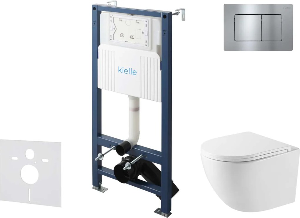 kielle Genesis New - Set předstěnové instalace, kompaktního klozetu Oudee, Vortex Rimless+, sedátka softclose a tlačítka Gemini New III, lesklý chrom 30528SS44