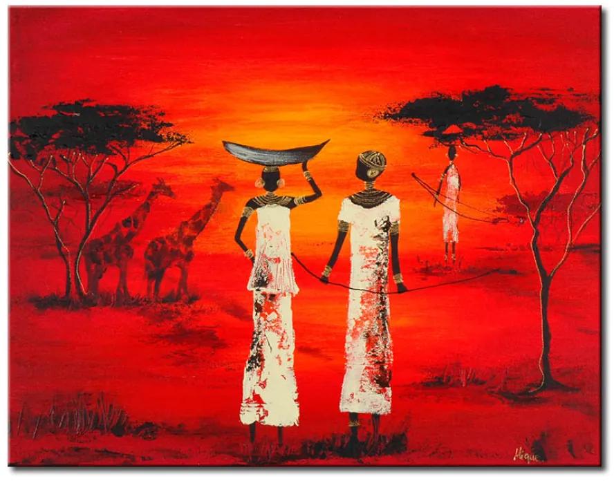 Obraz Červený klid (1dílný) - postavy v přírodě s žirafami
