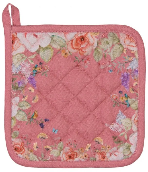Růžová bavlněná chňapka / podložka pod hrnec s květinovým motivem Floral Fiesta – 20x20 cm