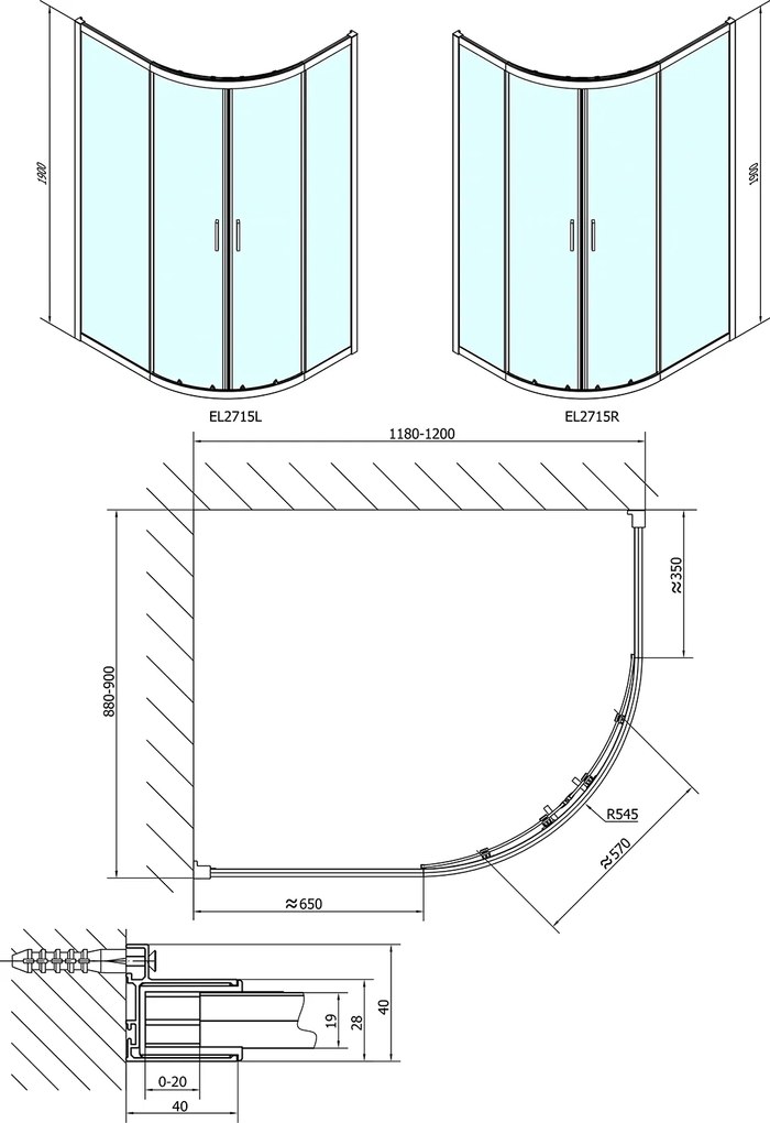 Polysan Easy Line 120 x 90 cm sprchový kout / zástěna čtvrtkruhová EL2715