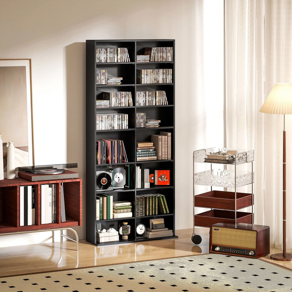 HOMCOM Moderní CD Kniha s 18 policemi pro 640 CD, Šatní skříň na CD z DTD, 78,5x24x175 cm, Černá
