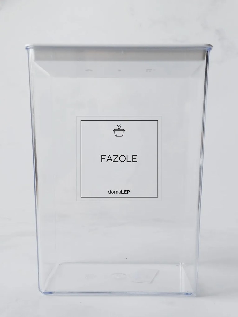 FAZOLE – průhledná samolepka na dózu, základní písmo, 5 × 5 cm