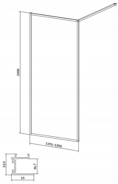 Cersanit Larga, Walk-In sprchová zástěna 120x200 cm, 8mm průhledné sklo, černý profil, S932-140