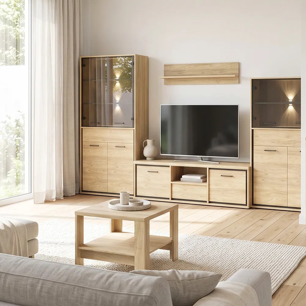 Obývací stěna s komodou MEDIOLAN | sestava A | 323,5 + 177 cm + konferenční stolek 65x65 cm | 7 dílů | natural hikora