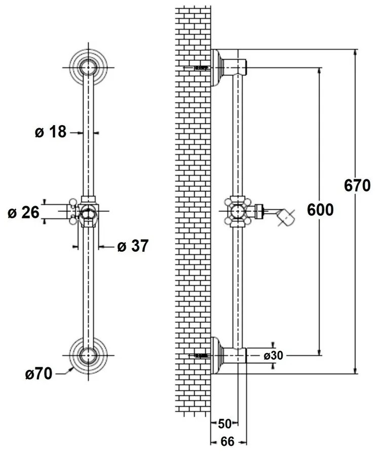 Nástěnná mosazná sprchová tyč v leskle stříbrné barvě s posuvným držákem 67 cm Antea – Sapho