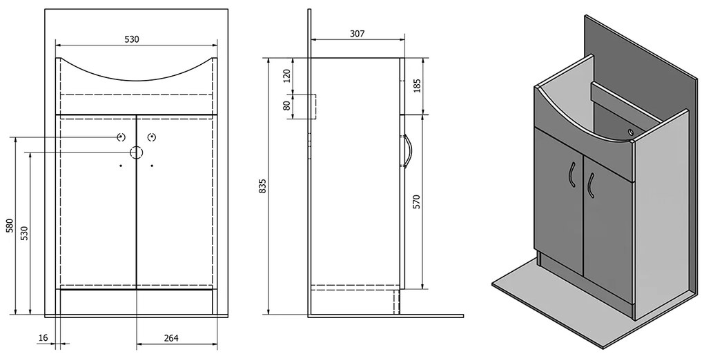 Aqualine, SIMPLEX ECO 55 umyvadlová skříňka 53x83,5x30,7cm, SIME550