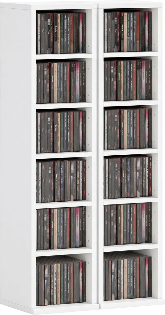 HOMCOM 2-Pack Stackable CD, DVD & Blu-ray Shelf - 6 Adjustable Compartments, Media Storage Display, 21 x 22.5 x 88.5 cm, White | Aosom