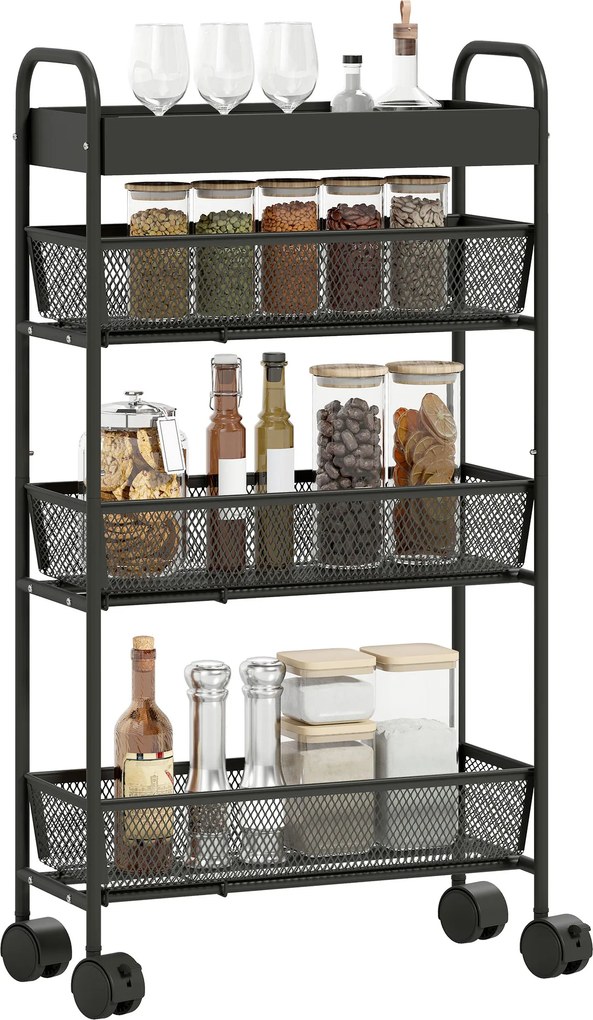 HOMCOM 4patrový úložný vozík, pojízdný vozík, 3 vysouvací koše, horní přihrádka 19 x 43,2 x 80 cm černá