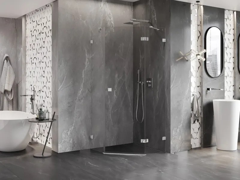 Mexen Lunar, výklopný pětiúhelníkový sprchový kout pravý 90 x 90 cm, 8mm čiré sklo, chromový profil, 831-090P-090L-01-00-P