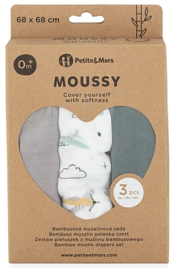 Bambusová mušelínová sada plenek 3 ks Moussy zelená 68x68 cm PETITE&amp;MARS