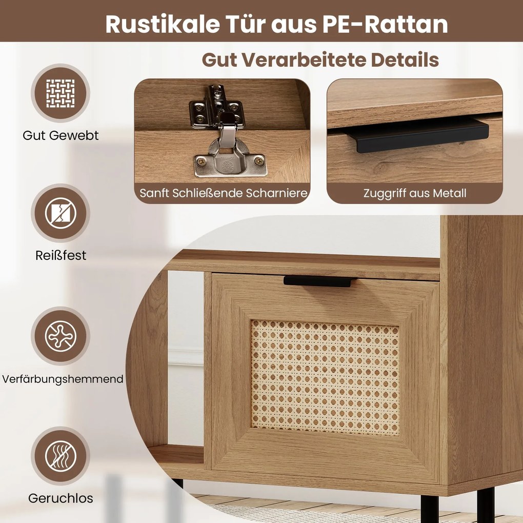 Costway Boho ratanový noční stolek Accent s úložnou skříňkou a kovovými nohami