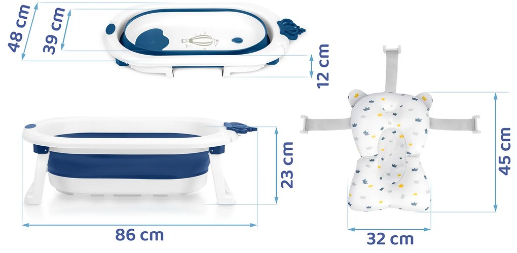 Skládací vanička pro děti a kojence s vložkou Ricokids RK-286, bílá a modrá barva, kvalitní a praktický dětský koupací doplněk