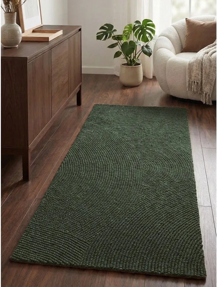 Tmavě zelený ručně tkaný vlněný běhoun 80x300 cm Calmio – Hanse Home