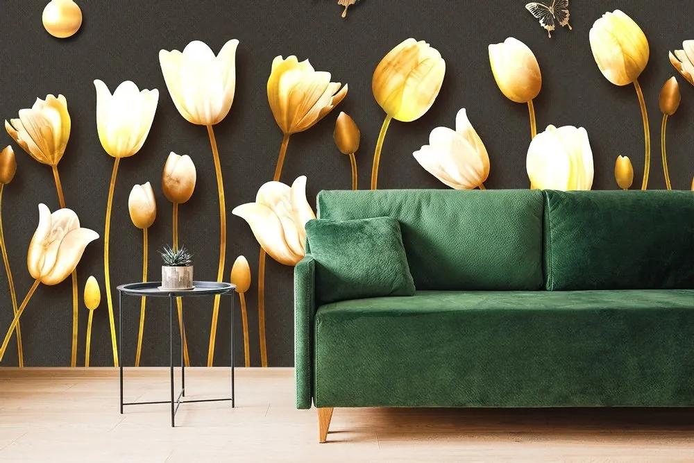 Samolepící tapeta tulipány se zlatým motivem - 375x250 cm