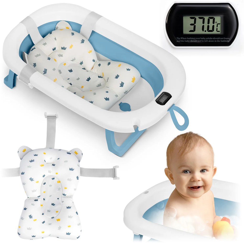 Ricokids Skládací vanička pro děti a kojence s teploměrem a vložkou - RK-287 bílá a modrá