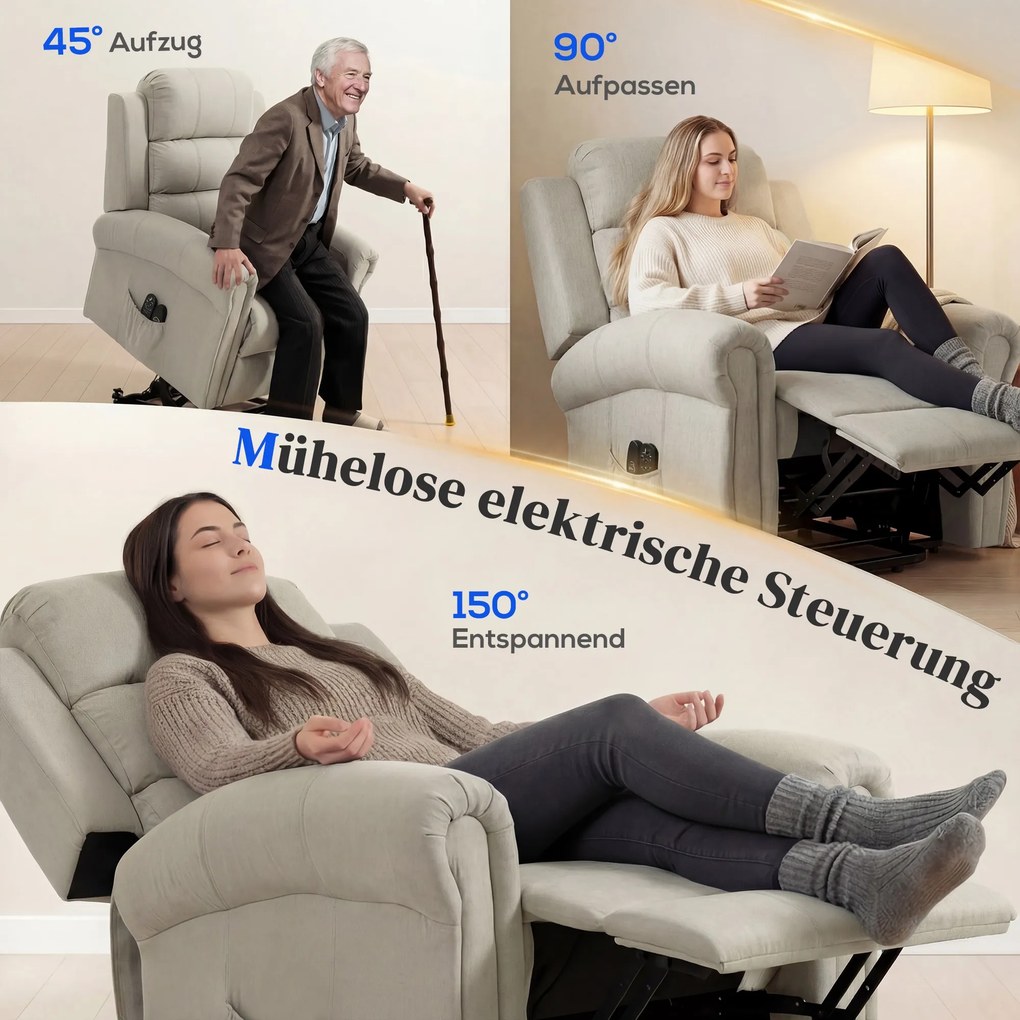 HOMCOM Masážní křeslo s asistencí při vstávání, relaxační křeslo, vibrační hlavy, s polohovací funkcí, vzhled lnu, béžová