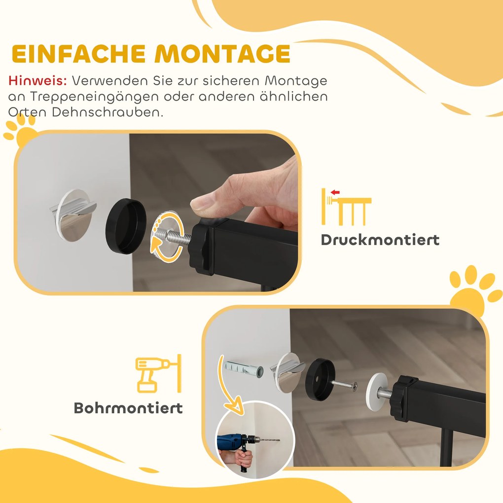 PawHut Brána pro domácí mazlíčky, 77 cm zábrana na schody, nastavitelné šířky 76-104 cm, s dvířky pro kočky, pro schody a dveřní otvory, černá