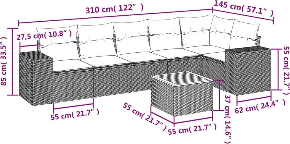 7dílná zahradní sedací souprava s poduškami šedá polyratan 3257789
